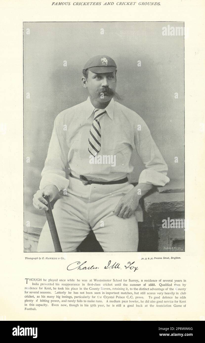 Charles John MacDonal Fox. Batsman. Kent cricketer 1895 old antique ...