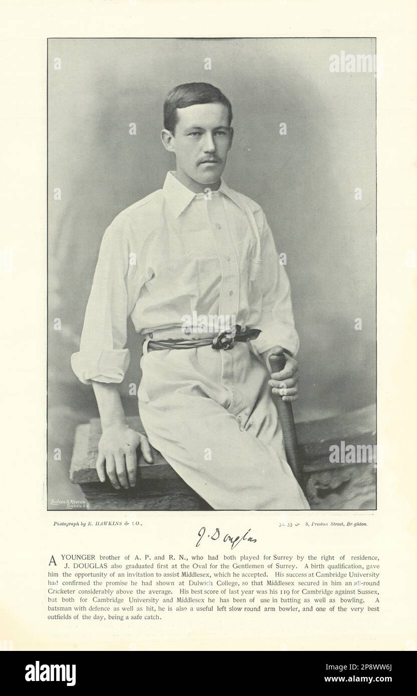Johnny Douglas. All-rounder. Middlesex cricketer 1895 old antique print ...