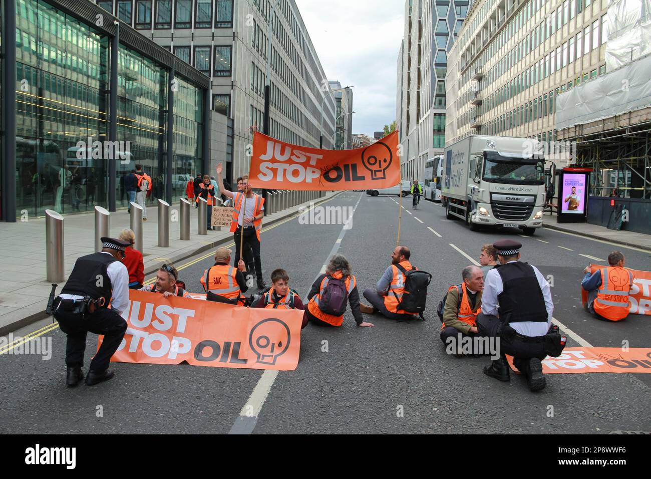 London, UK. 31 October 2022. Just Stop Oil demonstrators block road by ...