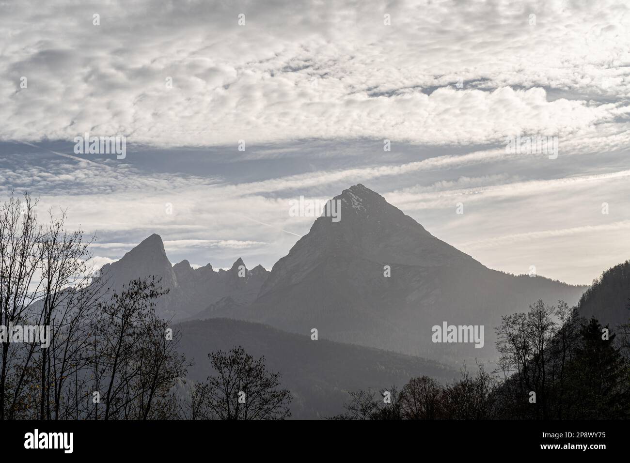 Massive mountain chain, forest and meadows of the German Alps Stock ...