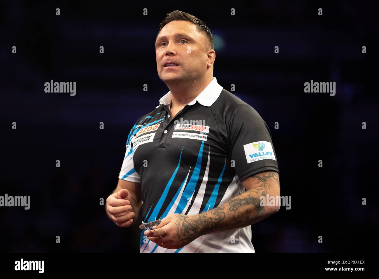 Gerwyn Price reacts during the 2023 Cazoo PDC Premier League Darts ...