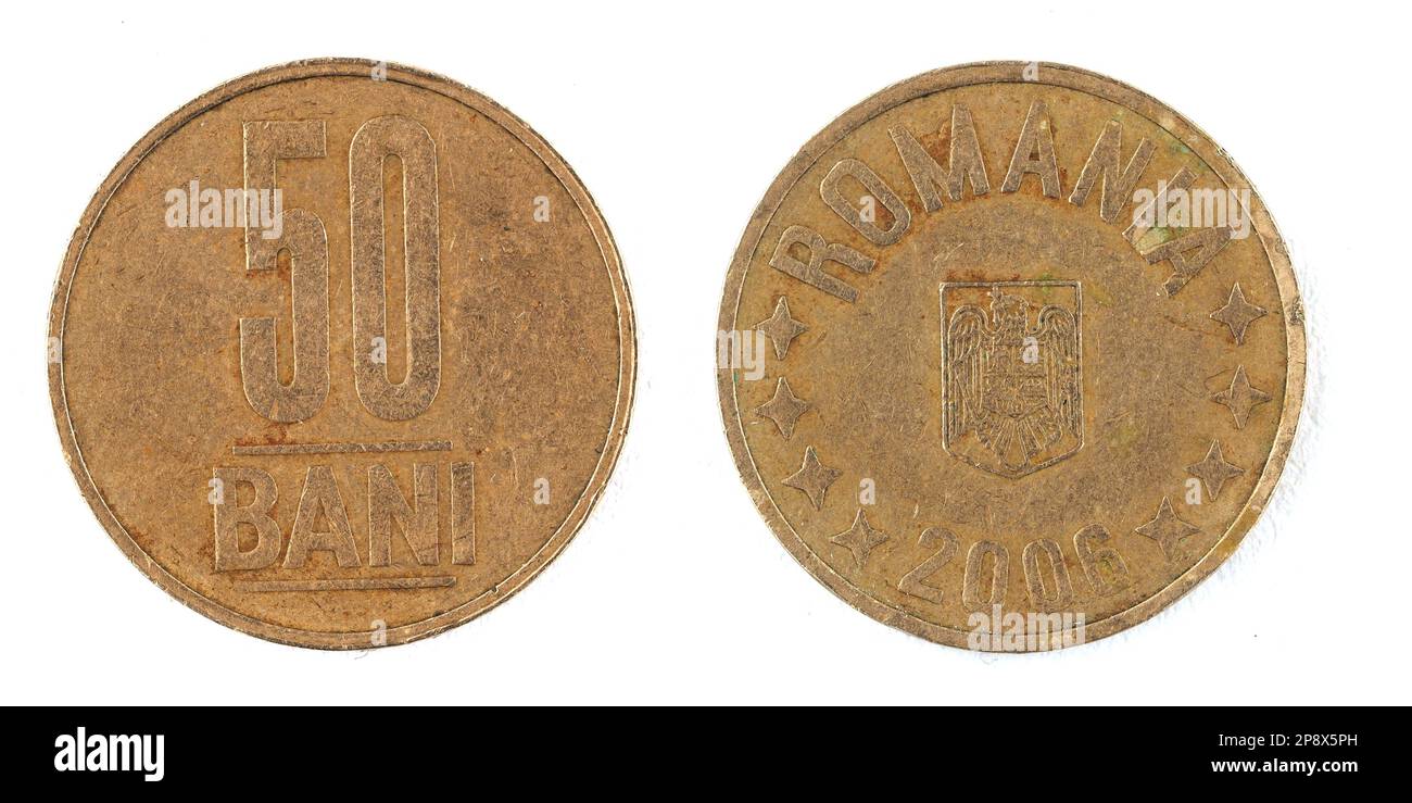 In this photo illustration, 50 Romanian bani 2006 coin on white ...