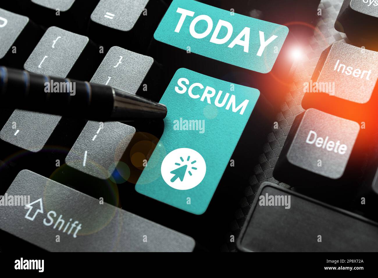 Conceptual display Scrum. Conceptual photo handwriting as distinct from print written characters ...