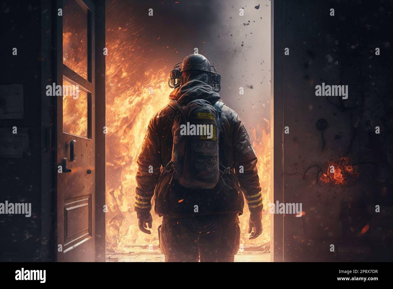 Firefighter works on fire, fireman walks in building on flame ...