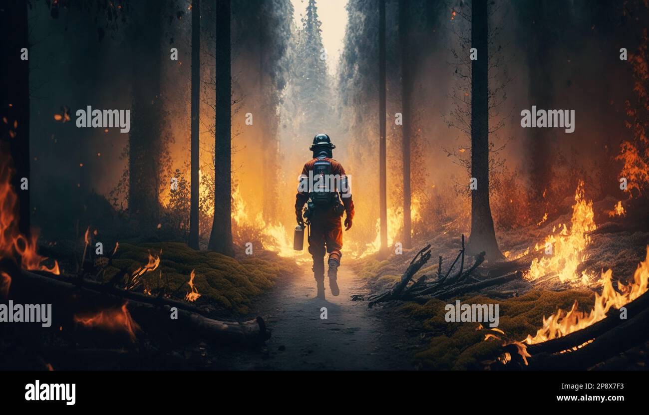 Firefighter works on fire, fireman walks through burning forest ...