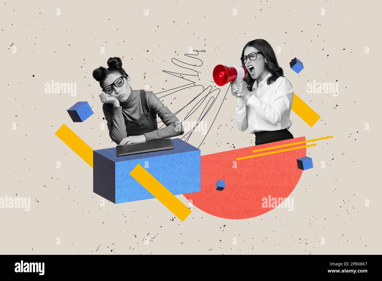 Creative photo artwork illustration 3d collage of angry serious loud ...