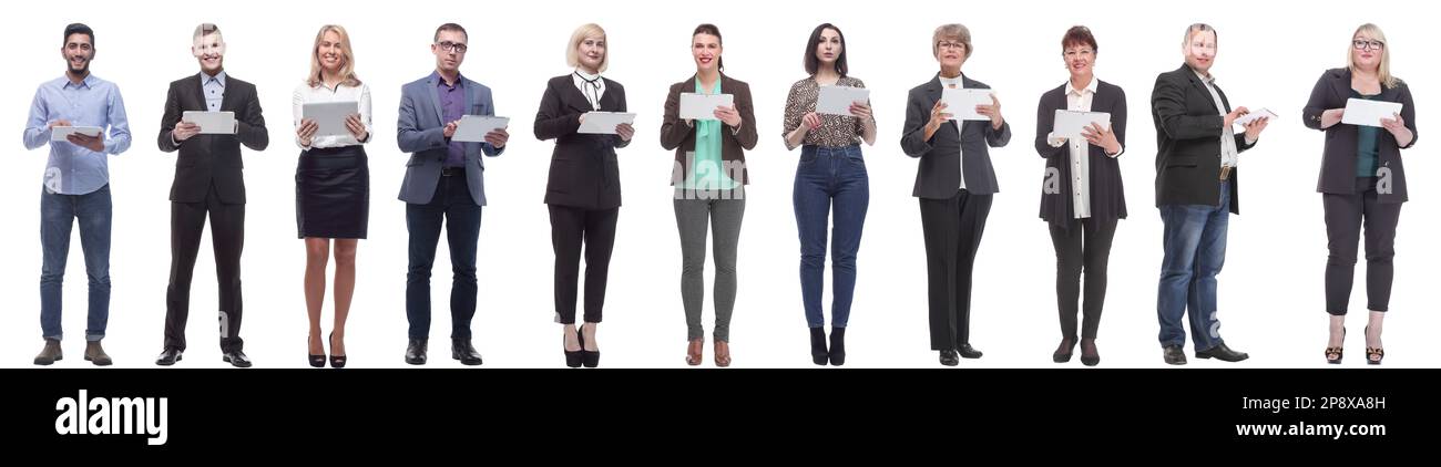 group of people demonstrating tablet looking at camera Stock Photo - Alamy