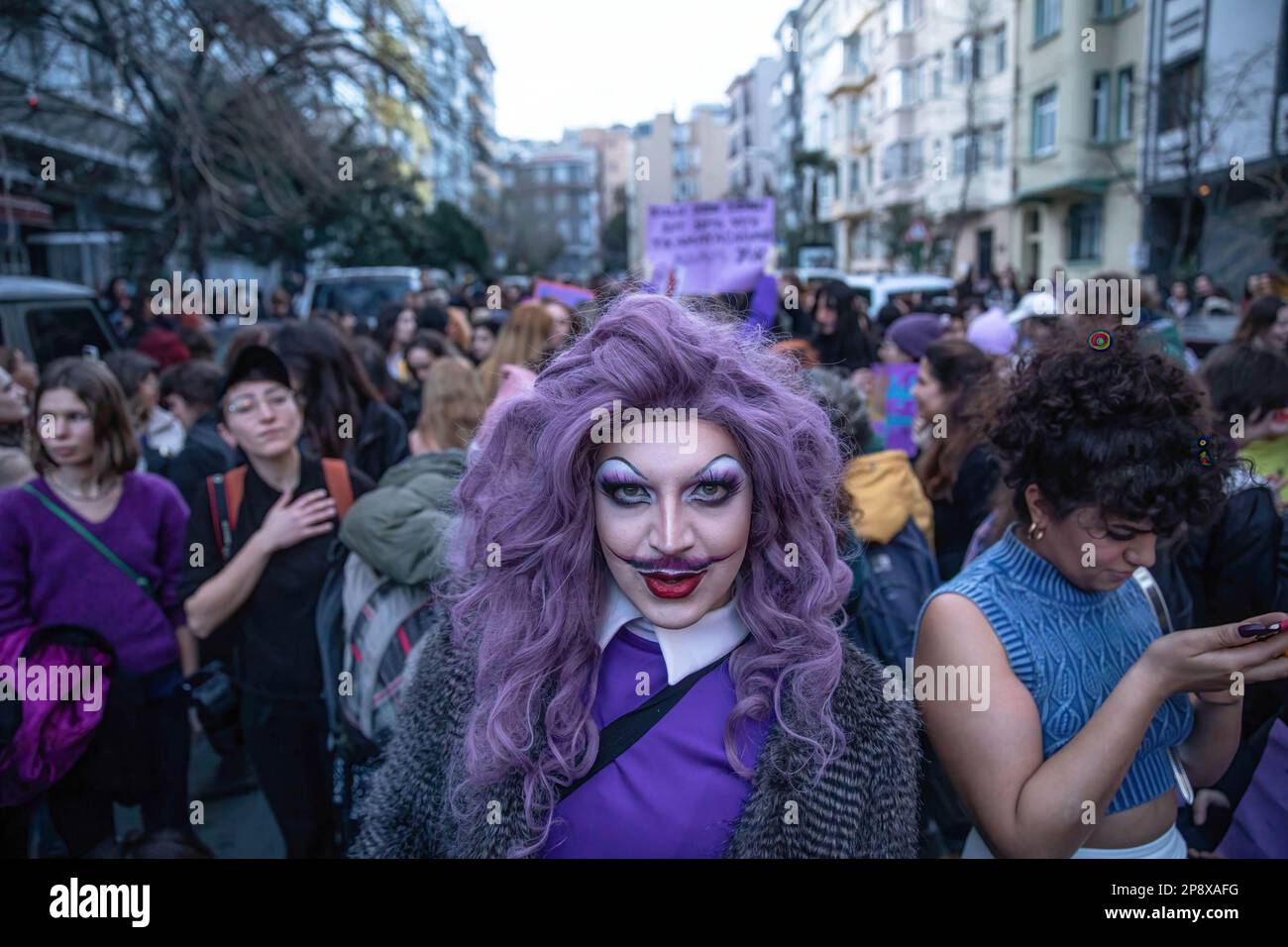 Istanbul, Turkey, 08/03/2023, A protester with drag queen make-up ...