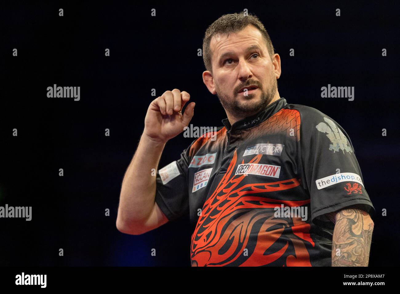 Jonny Clayton reacts during the 2023 Cazoo PDC Premier League Darts ...