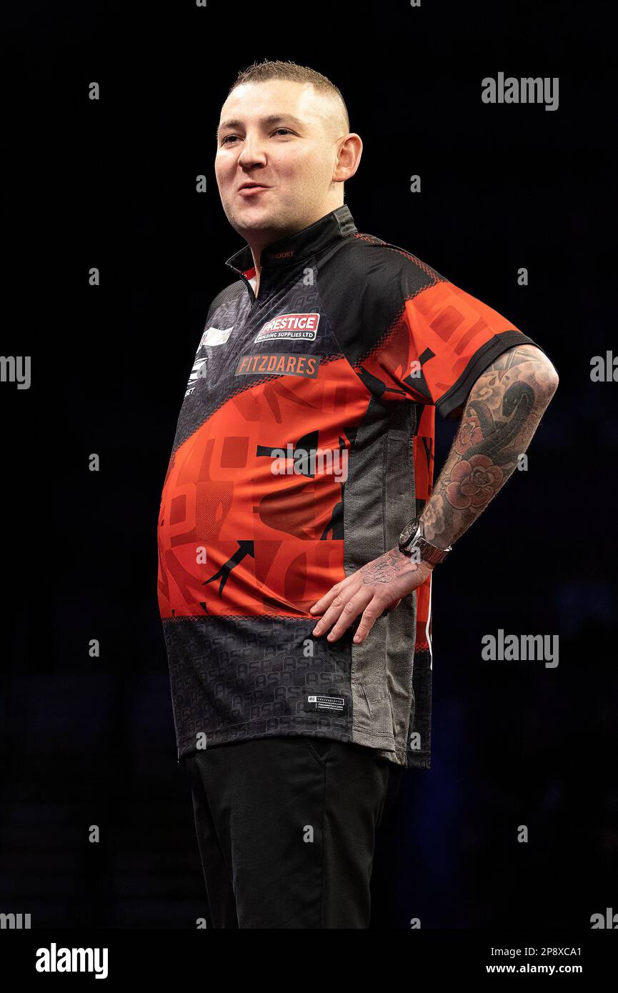 Nathan Aspinall reacts during the 2023 Cazoo PDC Premier League Darts ...