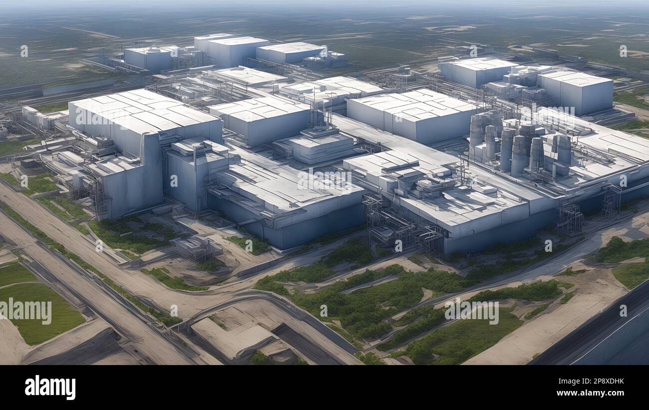 A huge modern nuclear power plant building under construction ...