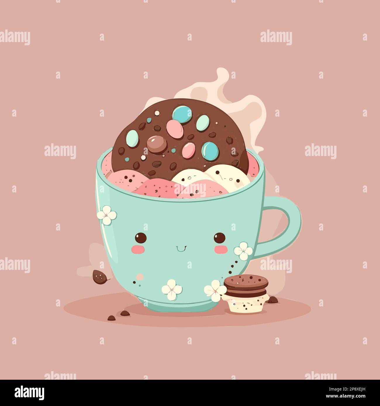 Flat cartoon illustration of cute beautiful glass cup of cocoa drink in ...