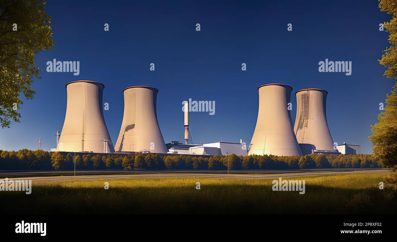 A huge modern nuclear power plant building producing energy using ...