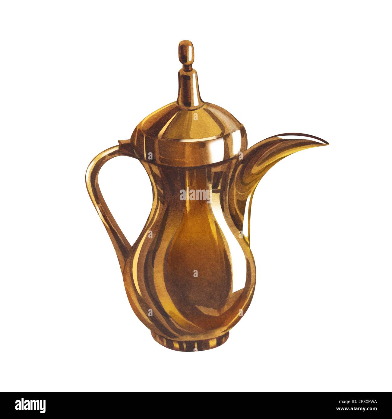 Watercolor golden arabian coffee pot. Hand-drawn illustration isolated ...