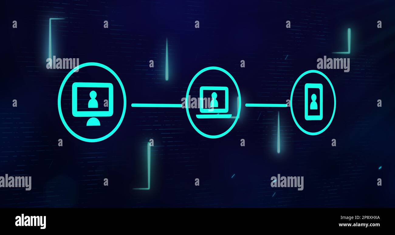 Composition of network of three digital icons over light trails on blue ...