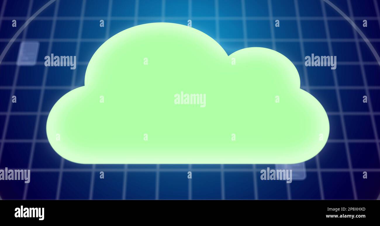 Composition of digital green cloud over grid. Global cloud computing, digital interface and data ...