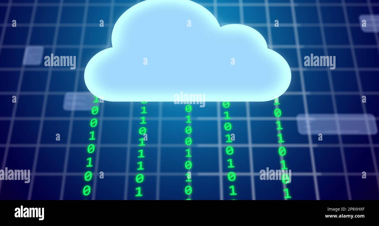 Composition of digital blue cloud and binary coding over grid. Global cloud computing, digital ...