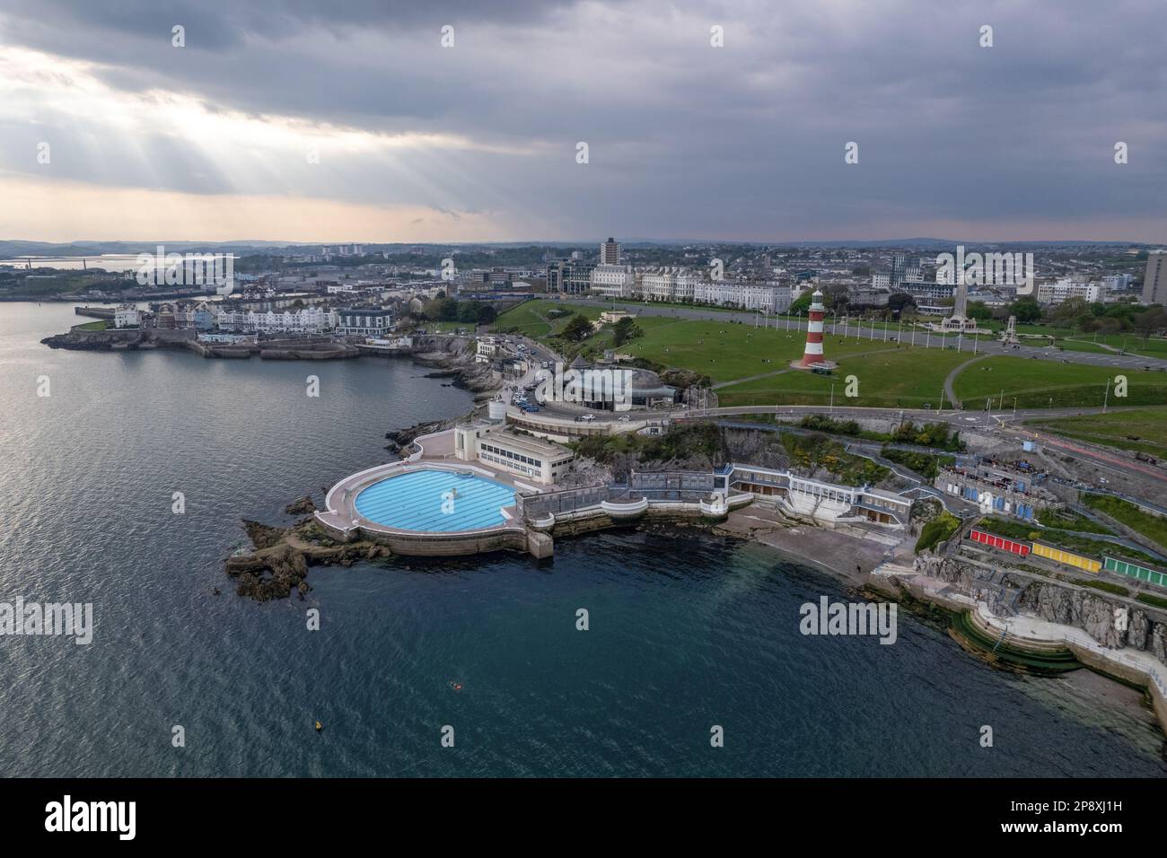 Plymouth Hoe, Smeaton's Tower & Tinside Lido, Plymouth, Devon Aerial ...