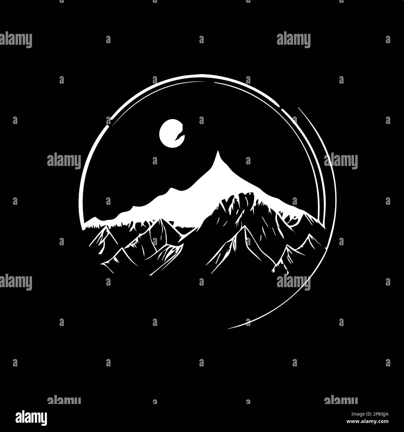 Minimalistic round logo template, white icon of mountain silhouette on ...