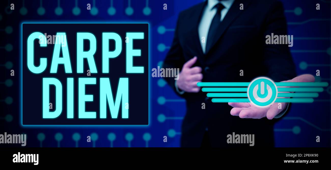 Conceptual display Carpe Diem. Word Written on public festival which ...