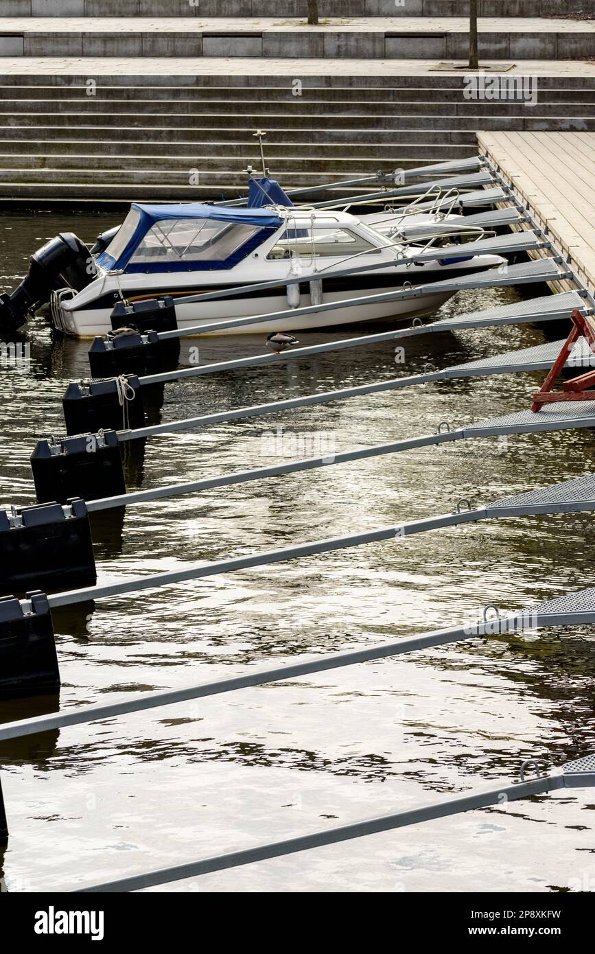 modern boats at pier. Boats on canal in Stockholm, Sweden Stock Photo ...