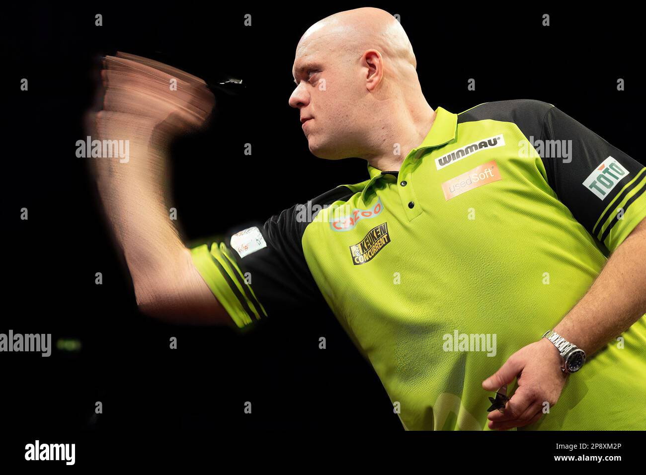 Michael van Gerwen throws a dart during the 2023 Cazoo PDC Premier League Darts Night 6 at M&S ...