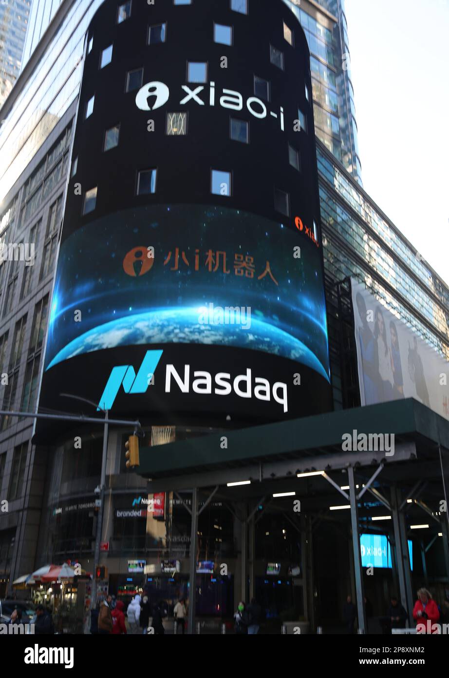 New York, USA. 9th Mar, 2023. The Nasdaq's outdoor display runs a ...