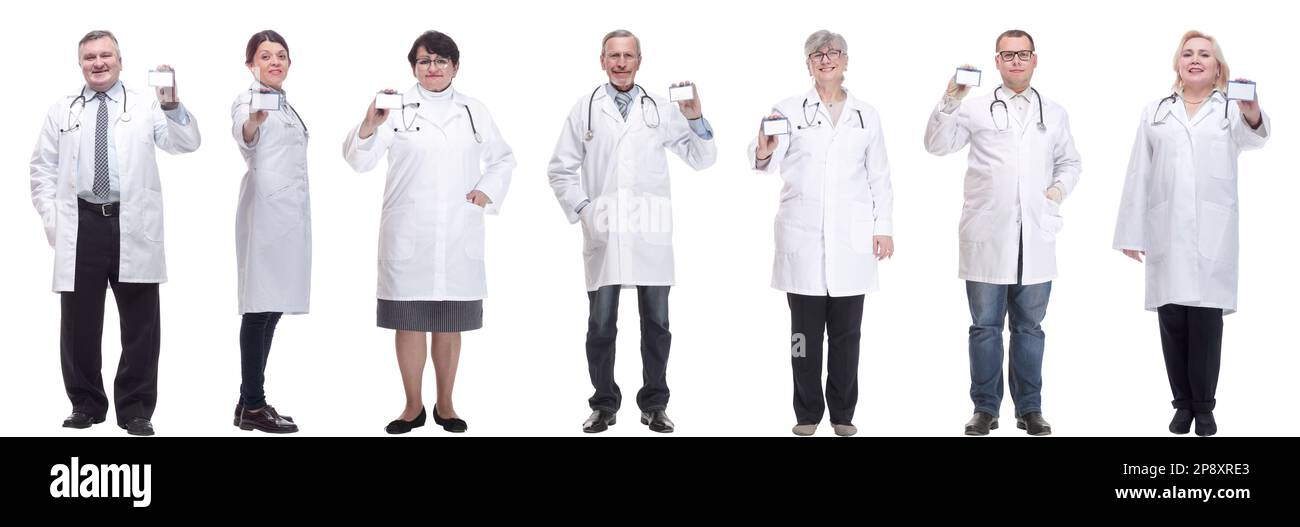 full length group of doctors showing badge isolated Stock Photo - Alamy