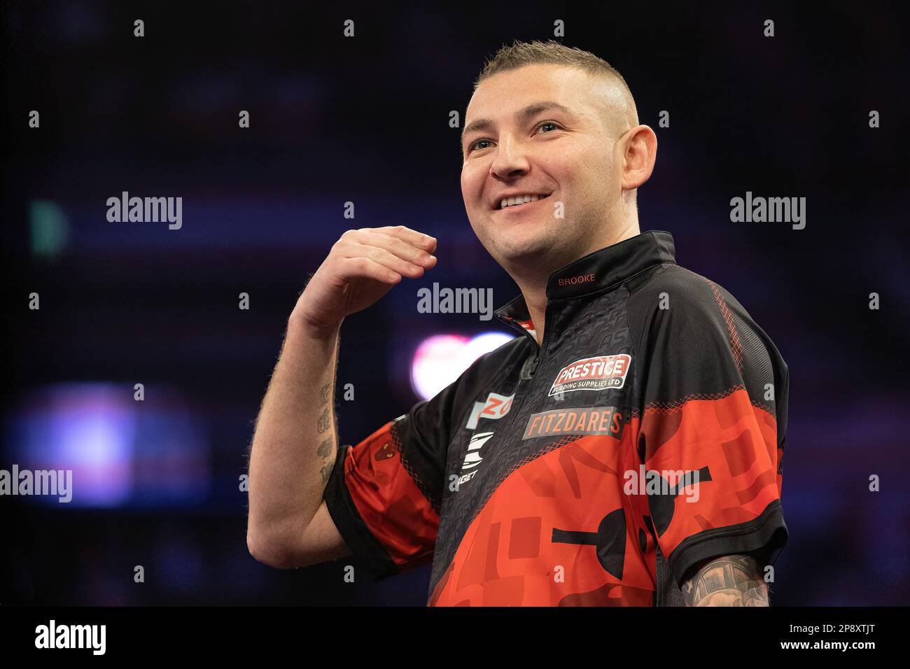 Nathan Aspinall reacts during the 2023 Cazoo PDC Premier League Darts ...