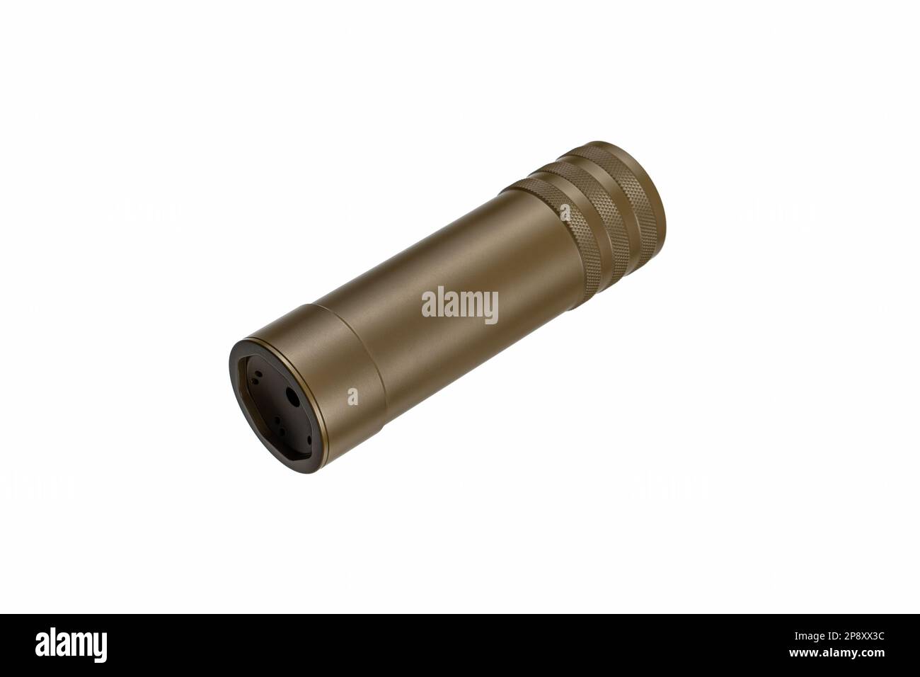 Brown silencer for weapons. Suppressor that is at the end of an assault ...