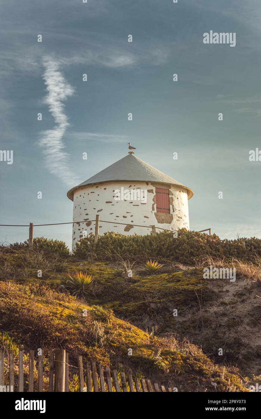 Seaside Serenity: A Rustic Windmill on Apulia Beach Stock Photo - Alamy