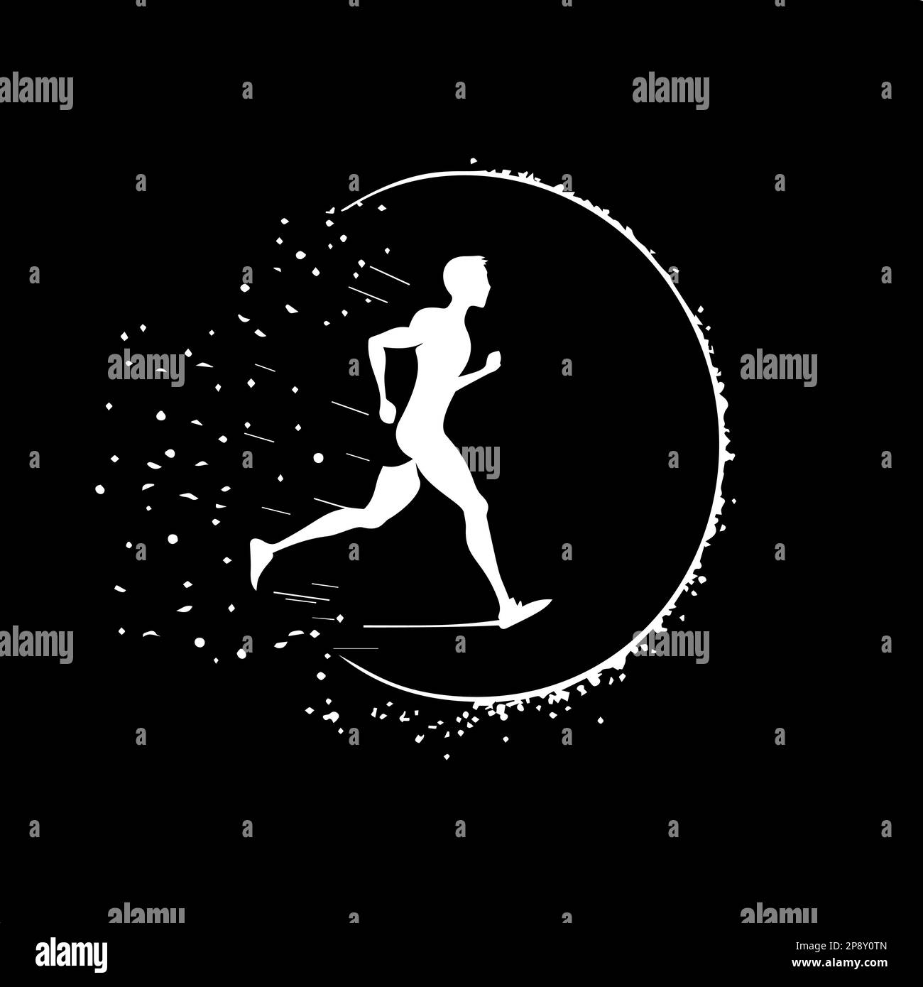 Minimalistic round logo template, white icon of runner silhouette on ...
