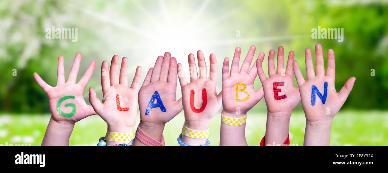 Children Hands Building Glauben Means Believe, Grass Meadow Stock Photo ...