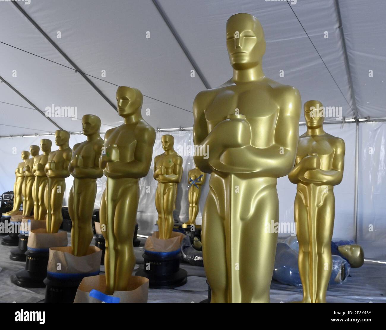 Los Angeles, United States. 09th Mar, 2023. Oscar statues await their ...