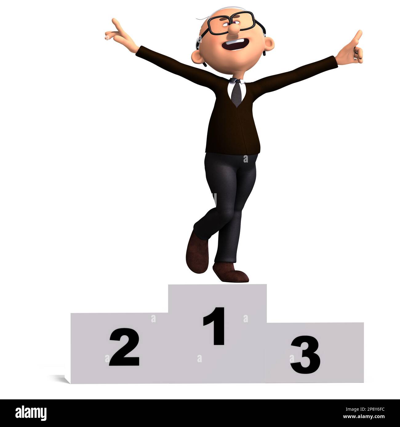 3D-illustration of a cute and funny cartoon old guy has success and is ...