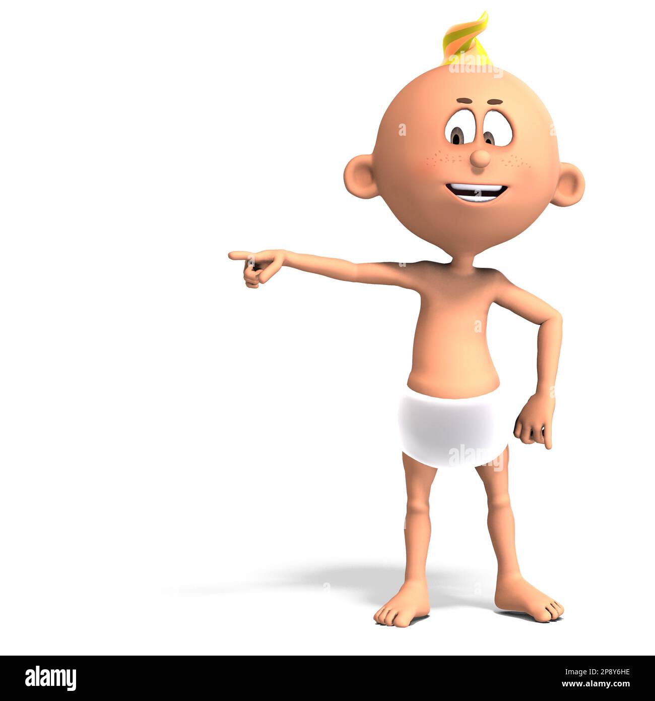 3D-illustration of a cute and funny cartoon baby pointing into a ...