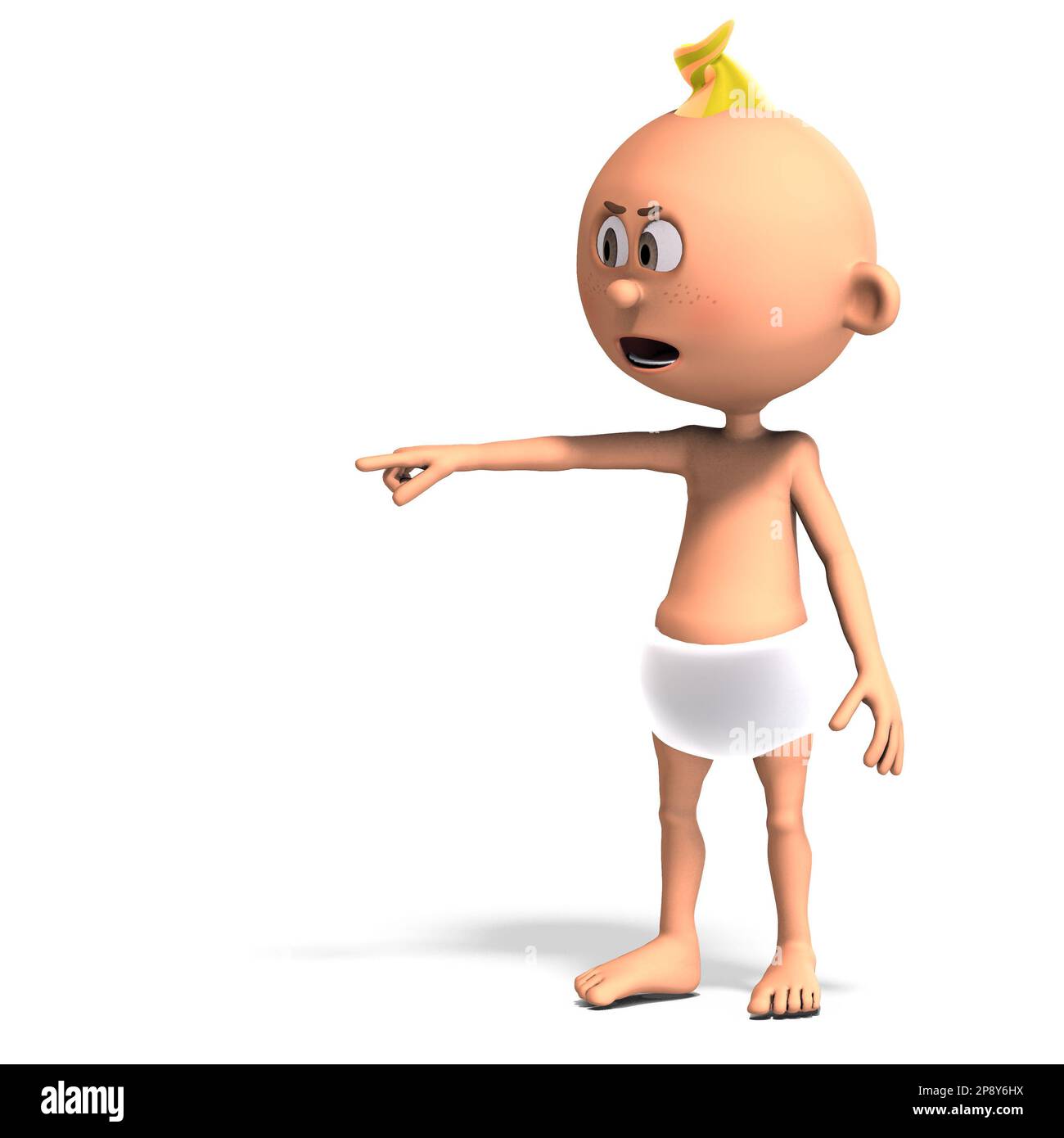 3D-illustration of a cute and funny cartoon baby with a diaper pointing ...