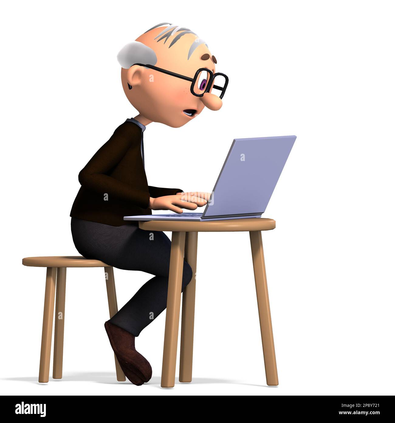3D-illustration of a cute and funny cartoon old guy sitting in front of ...