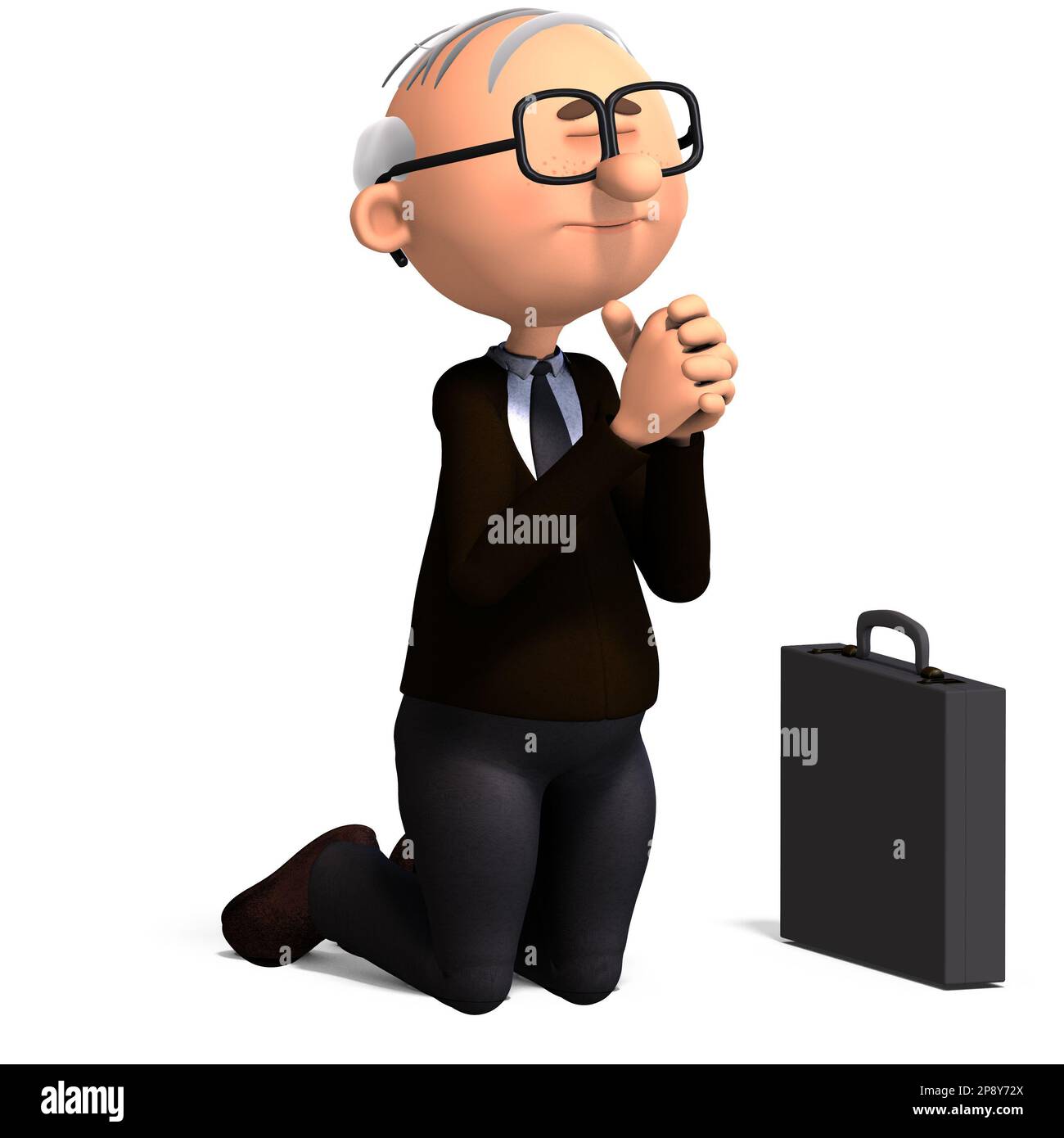 3D-illustration of a cute and funny cartoon old guy ist praying kneeing ...