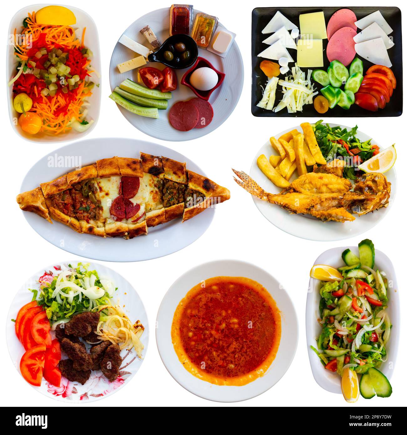 Set of different national dishes of Turkish cuisine on white background ...