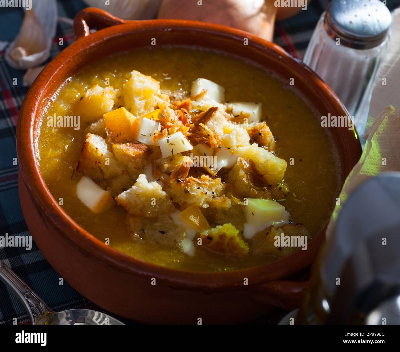 Vegetable soup puree with croutons and cheese Stock Photo - Alamy