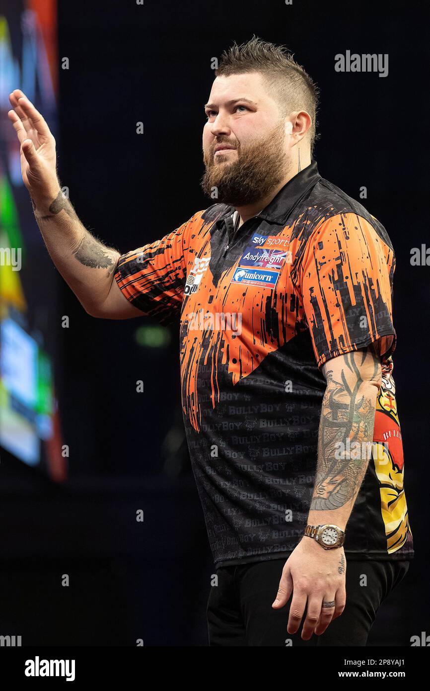 Michael Smith reacts during the 2023 Cazoo PDC Premier League Darts ...