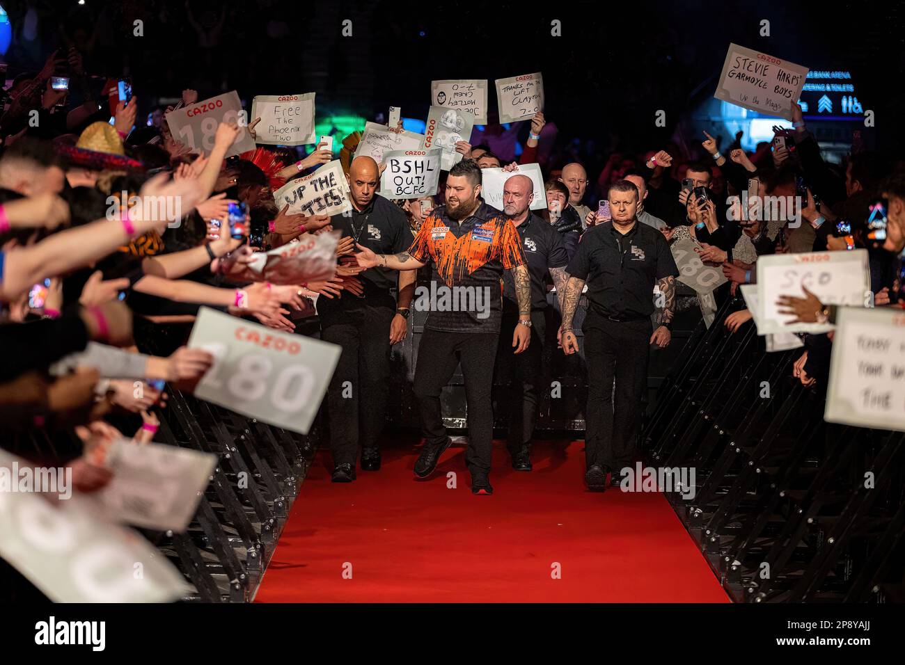 Michael Smith makes his entrance during the 2023 Cazoo PDC Premier ...