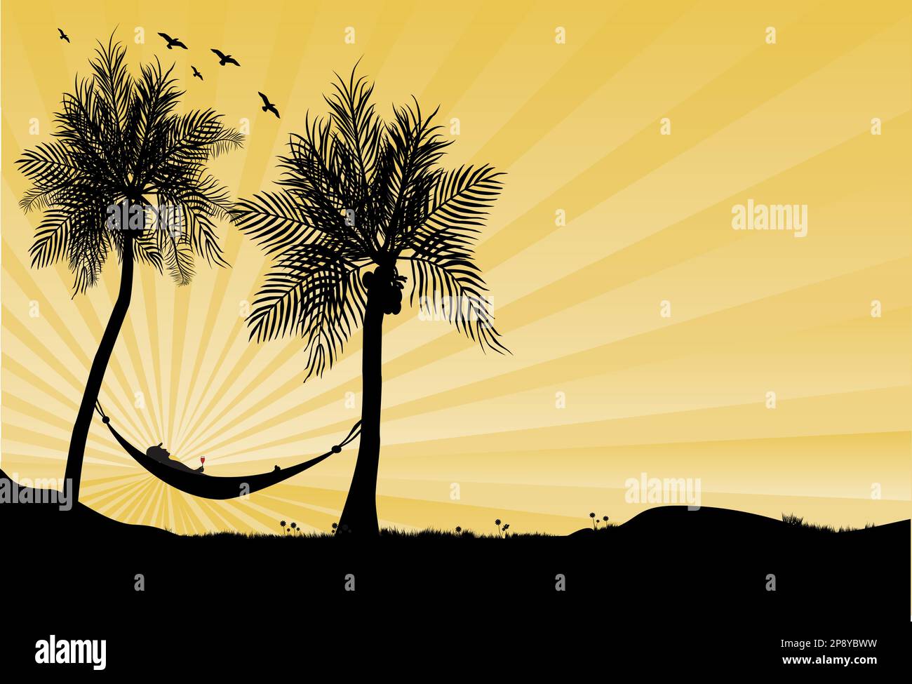 man resting under coconut tree with a glass of red wine Stock Vector ...