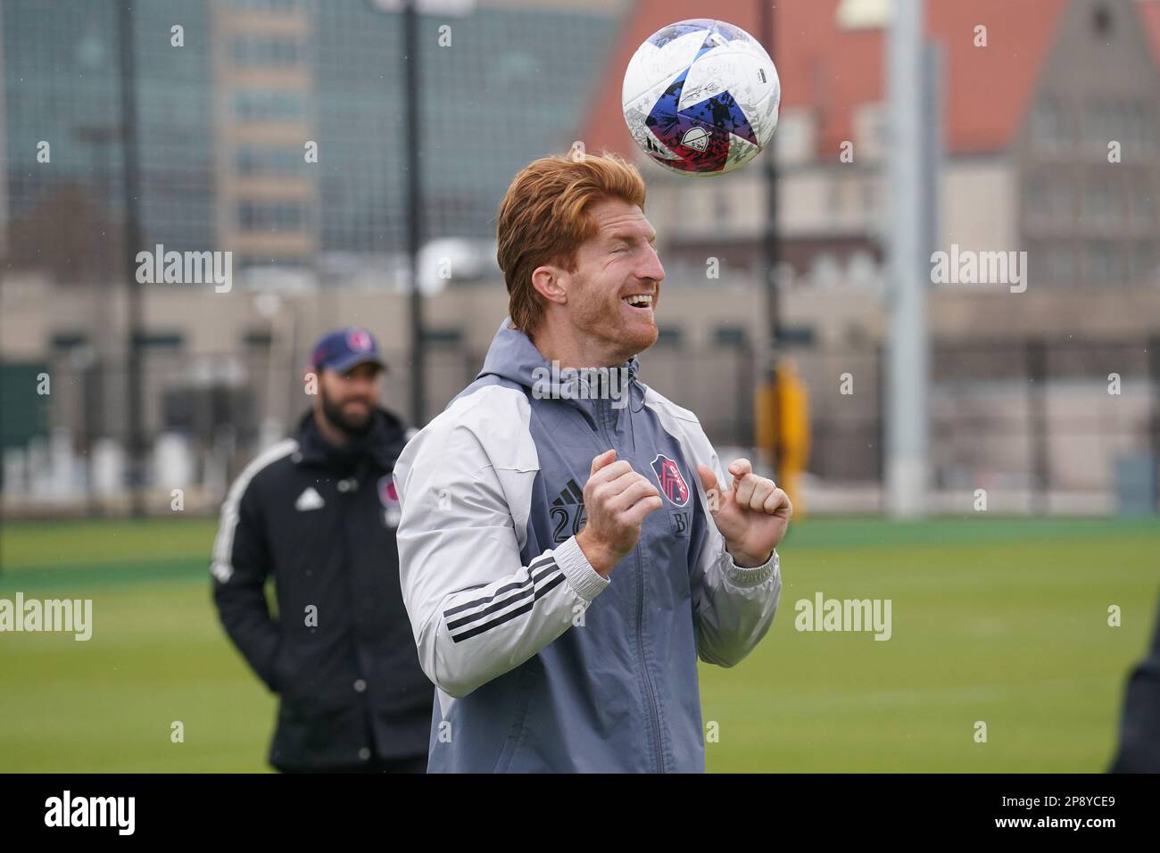 St. Louis, March 9, 2023. St. Louis City SC defender Tim Parker, heads ...
