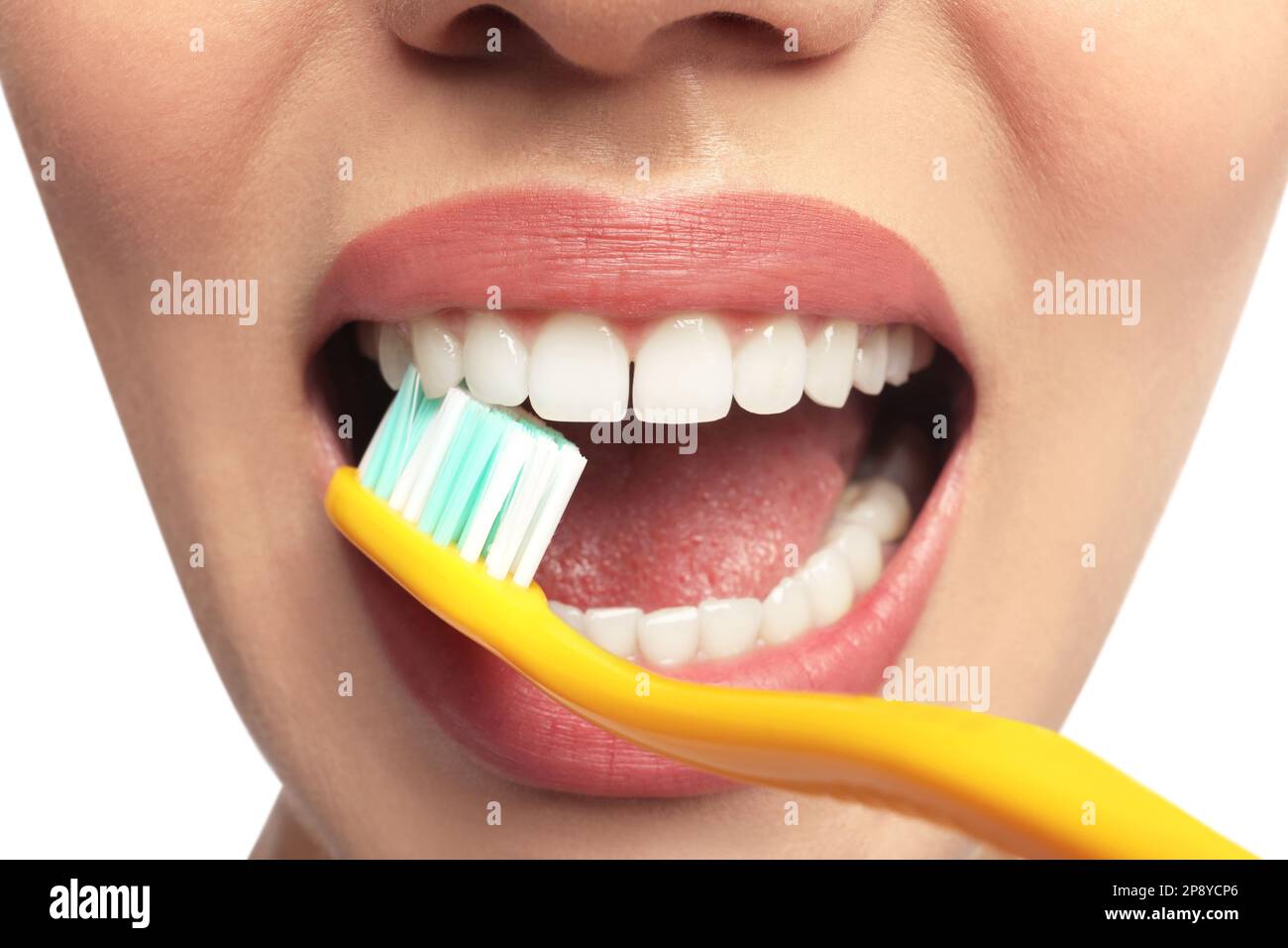 Woman brushing teeth on white background, closeup. Dental care Stock ...