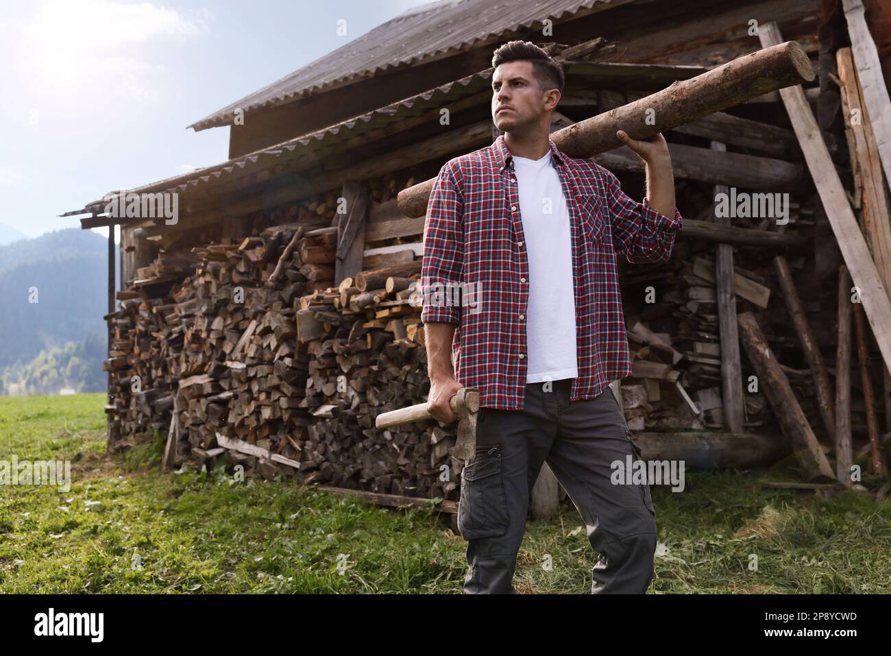 Man with ax and log near wood pile outdoors Stock Photo - Alamy