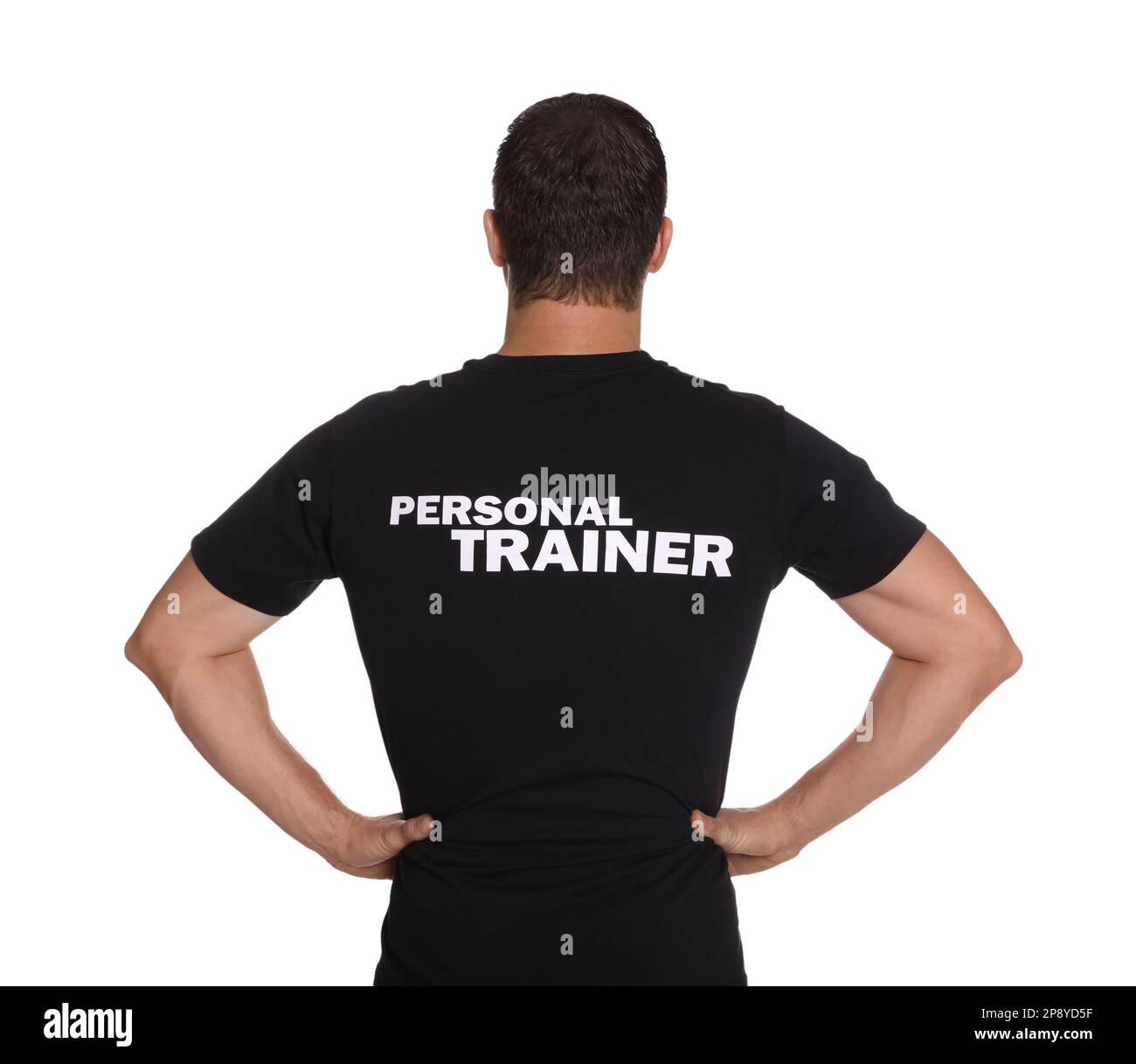 Personal trainer on white background, back view. Gym instructor Stock ...