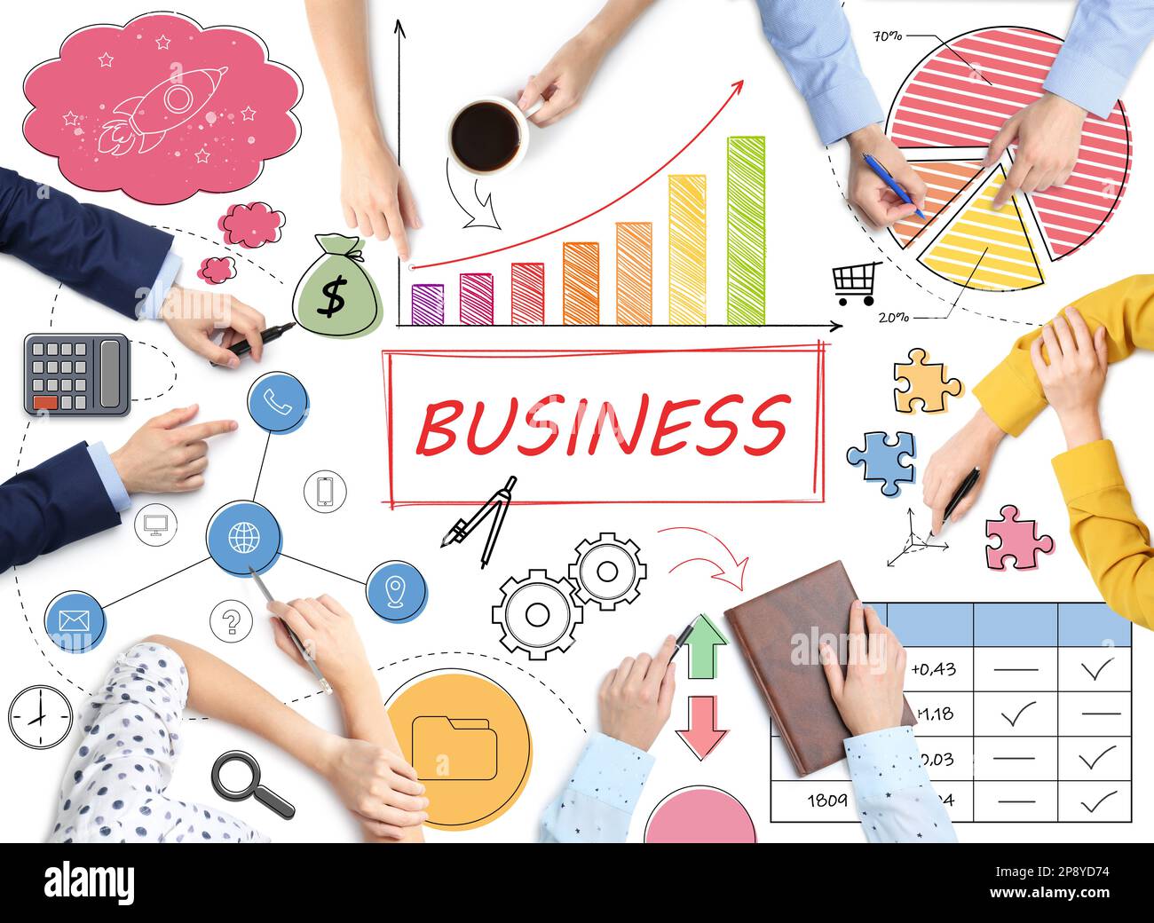 Discussing business process. People and different illustrations on ...