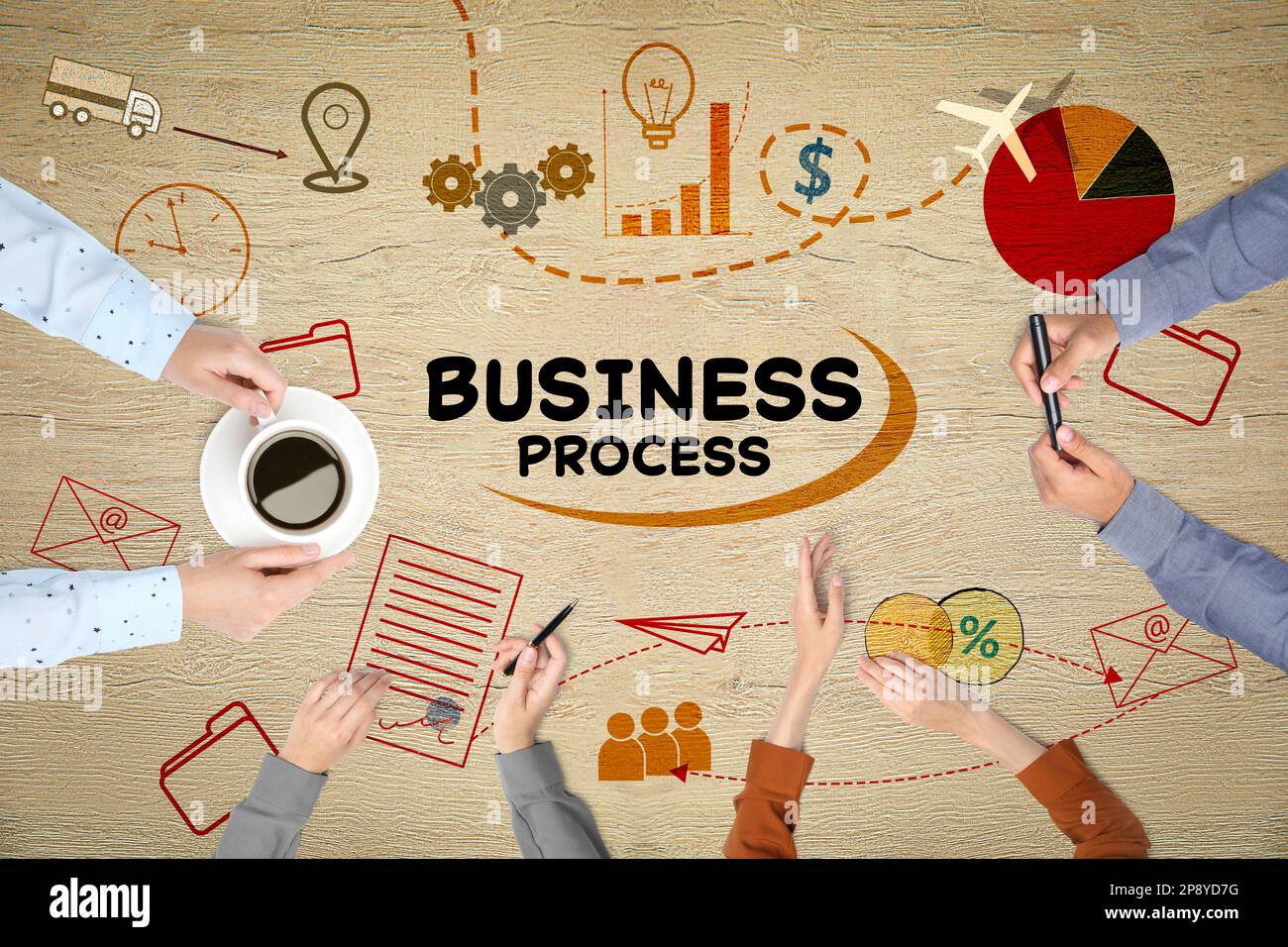 Discussing business process. People and different illustrations on ...